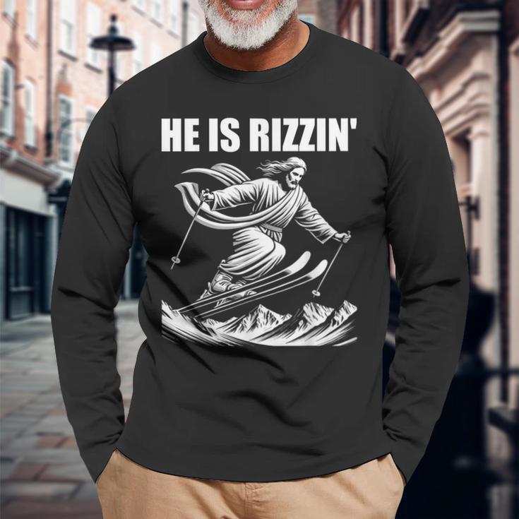 Ski Skiing Jesus Christ Skiis Rizzin' Snow Christian Jump Long Sleeve T ...