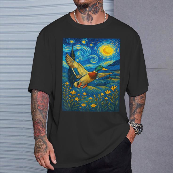 Starry Night Mallard Duck Van Gogh Style Hunting Farmer Farm T-Shirt ...